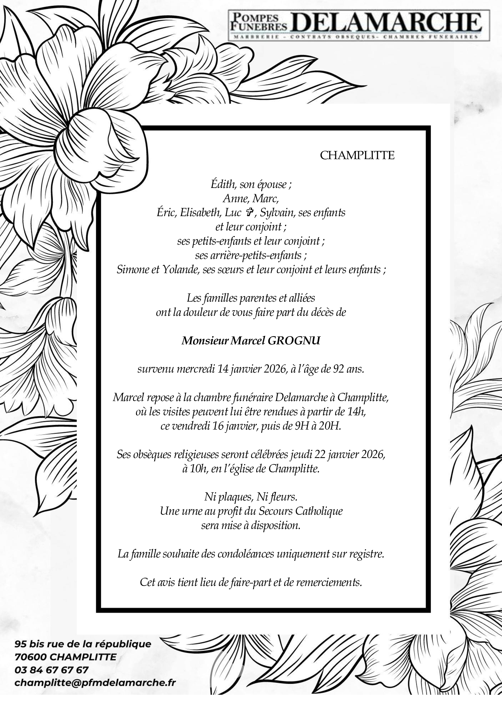 Avis de décès de Monsieur Marcel GROGNU - Pompes funèbres Delamarche ...